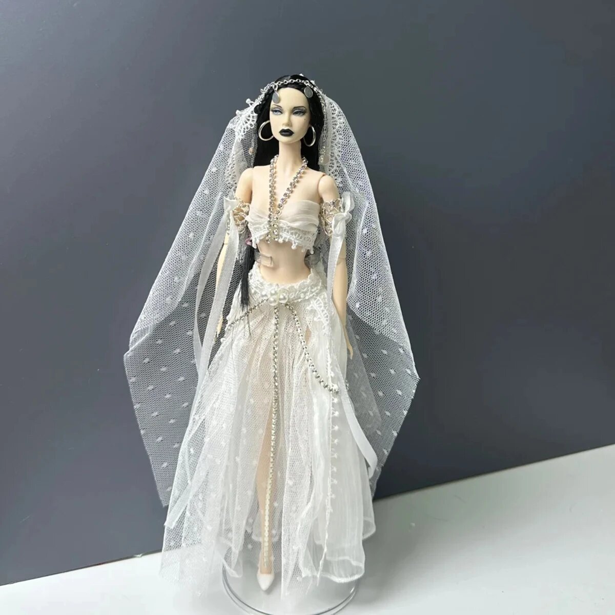 Аксессуары для кукол FR/Babi Supermodel 1/6: кружевной топ + юбка из фатина + вуаль Белый, White Set