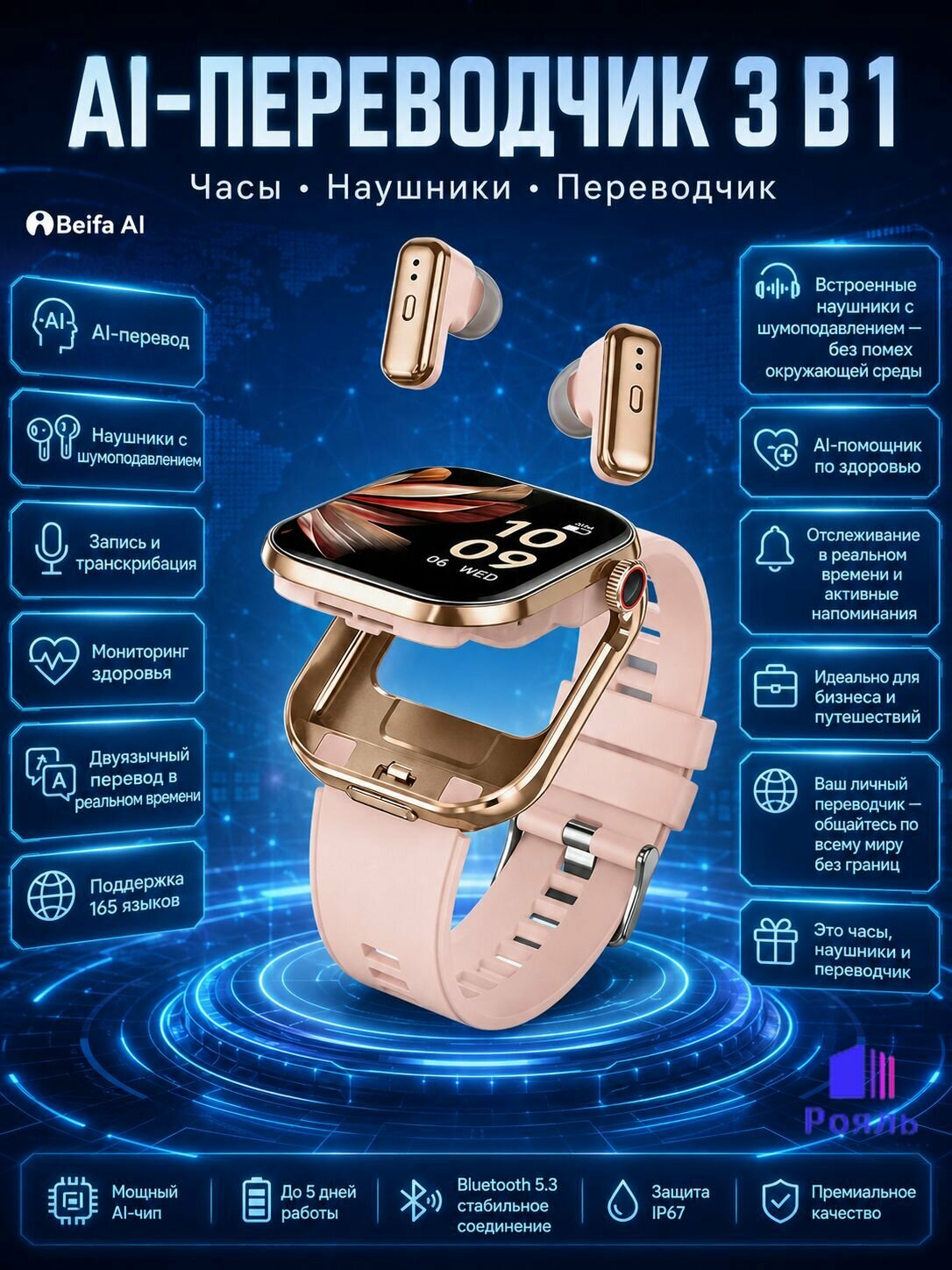 Умные часы-переводчик T99 с ИИ, скрытым шумоподавляющим наушником, мониторингом давления и сна, синхронный перевод 165 языков, запись речи, защита IP67, 330 мАч