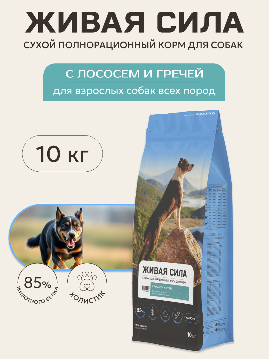 Живая сила, корм сухой беззерновой для взрослых собак с 1 года с лососем и гречей, Крупная гранула (10 кг)