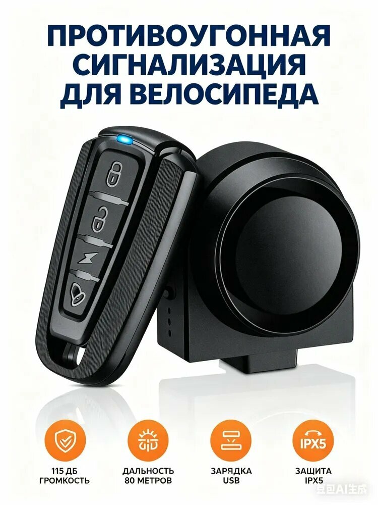 Противоугонная сигнализация для велосипеда с пультом, 115 дБ, IPX5, USB зарядка