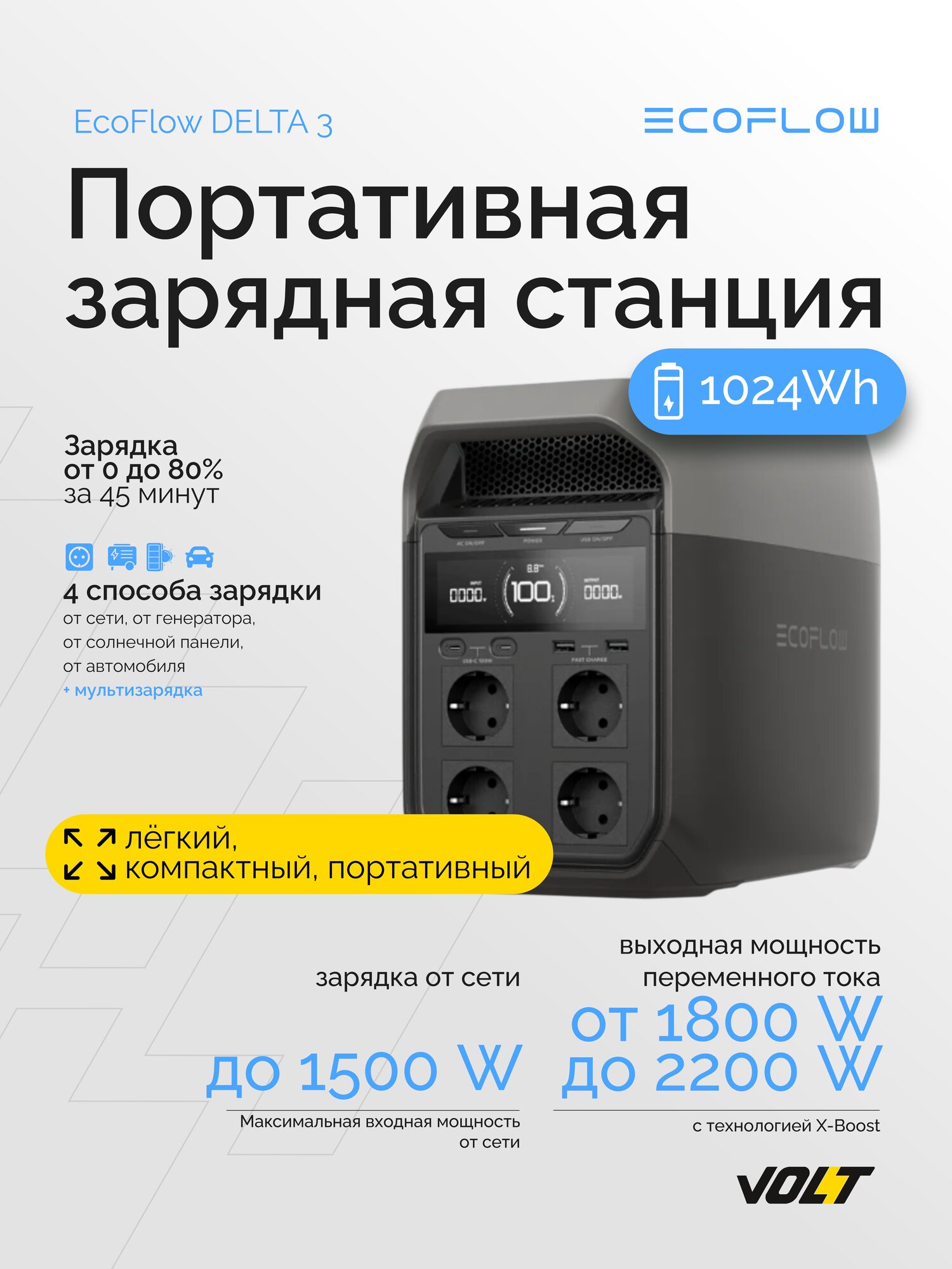 Портативная зарядная станция EcoFlow DELTA 3 (емкость 1024 Втч | мощность 1800 Вт | вход солнечной зарядки 500 Вт)