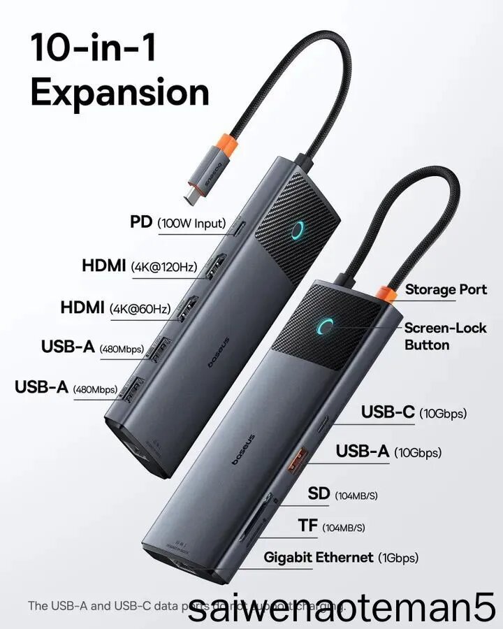 Baseus Док-станция для двух мониторов, 10 в 1 Док-станция с 2 портами HDMI, 10 Гбит/с USB C и USB A, Gigabit Ethernet, PD 100 Вт
