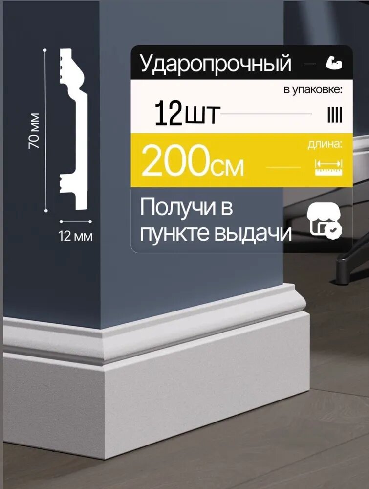 Плинтус напольный GPD2-12 шт 2 метра GLANZEPOL дюрополимер, загрунтован, ударопрочный