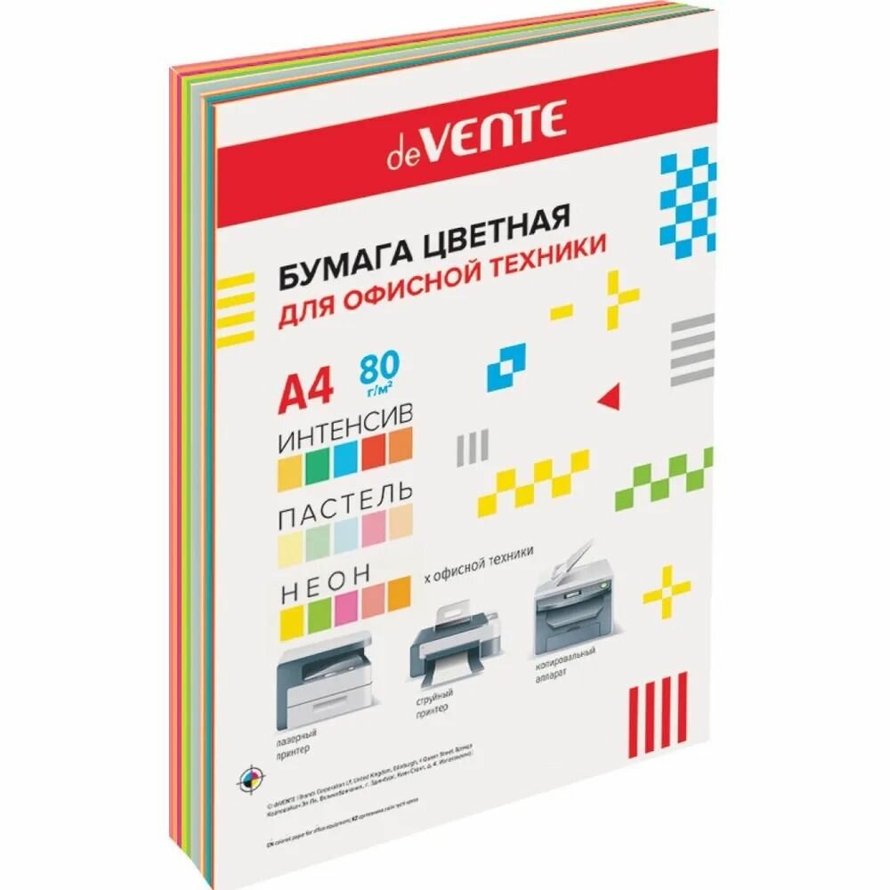 DeVENTE Бумага для принтера Neon, А4, цветная, 80г/м, 5 цветов, 20 листов
