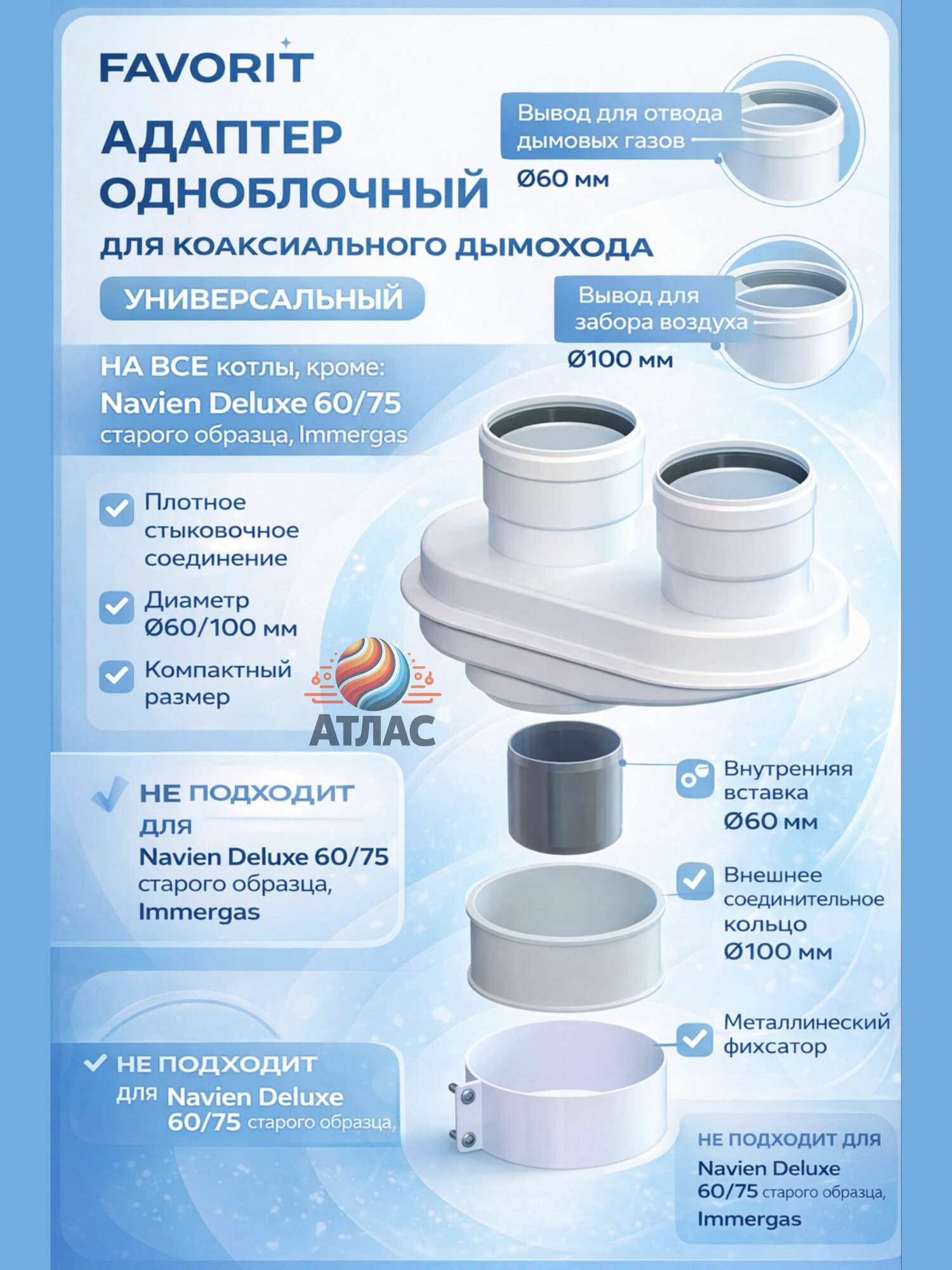 Адаптер одноблочный Универсальный. На все котлы кроме: Navien Deluxe 60/75 старого образца, Immergas.
