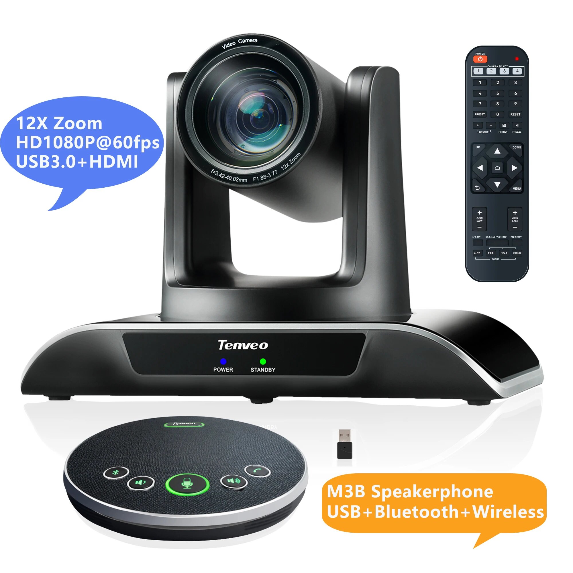 Камера для конференц-залов Tenveo PTZ с оптическим зумом 20x/12x/3x USB3.0/HDMI/ Широкий угол 1080P 60FPS для видеоконференций бизнеса