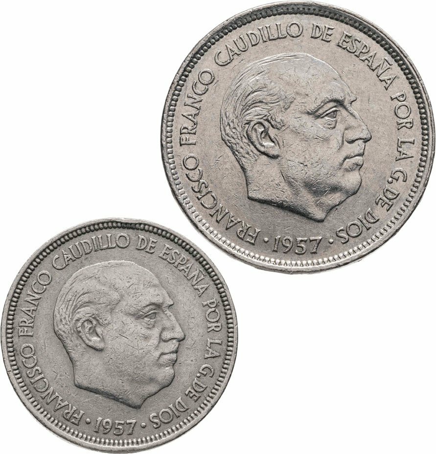 Испания набор монет 1957 2 штуки Каудильо Франсиско Франко, Мельхиор медь-никель, в сохранности VF-XF