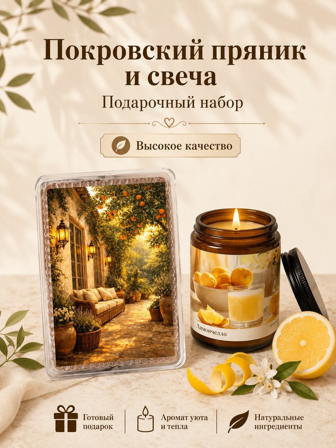 Подарочный набор: покровский пряник 140 гр и ароматическая свеча 190 гр