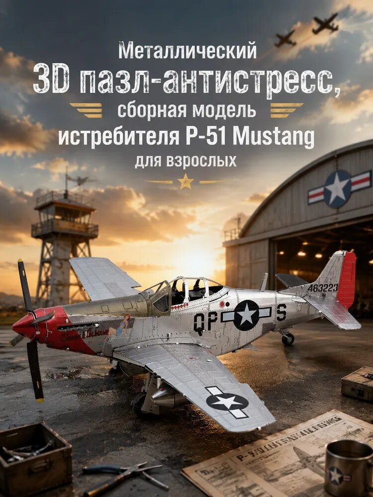 Металлический 3D пазл-антистресс, сборная модель истребителя P-51 Mustang для взрослых