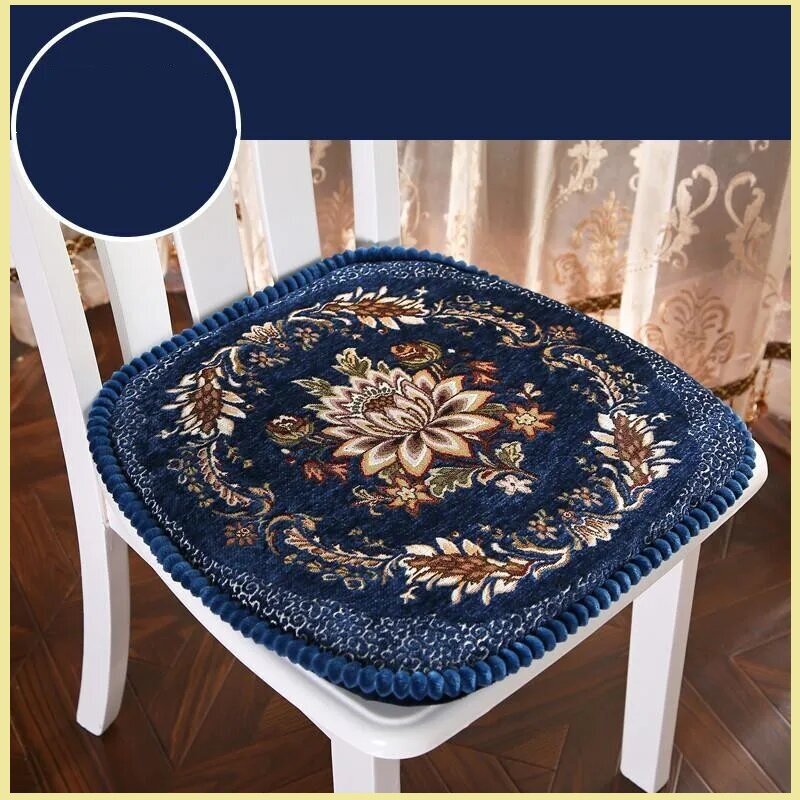 Подушка для стула квадратная синяя с цветочным узором, бахрома, 40x40 см, мягкая, для дома
