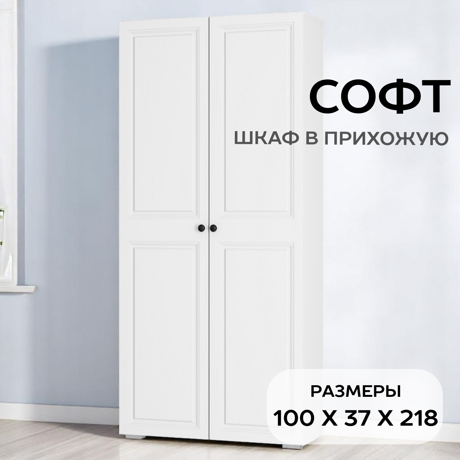 Шкаф для одежды распашной БТС Мебель Софт ШК-01, 2 двери, 100х37х218 см, цвет белый, фасады МДФ