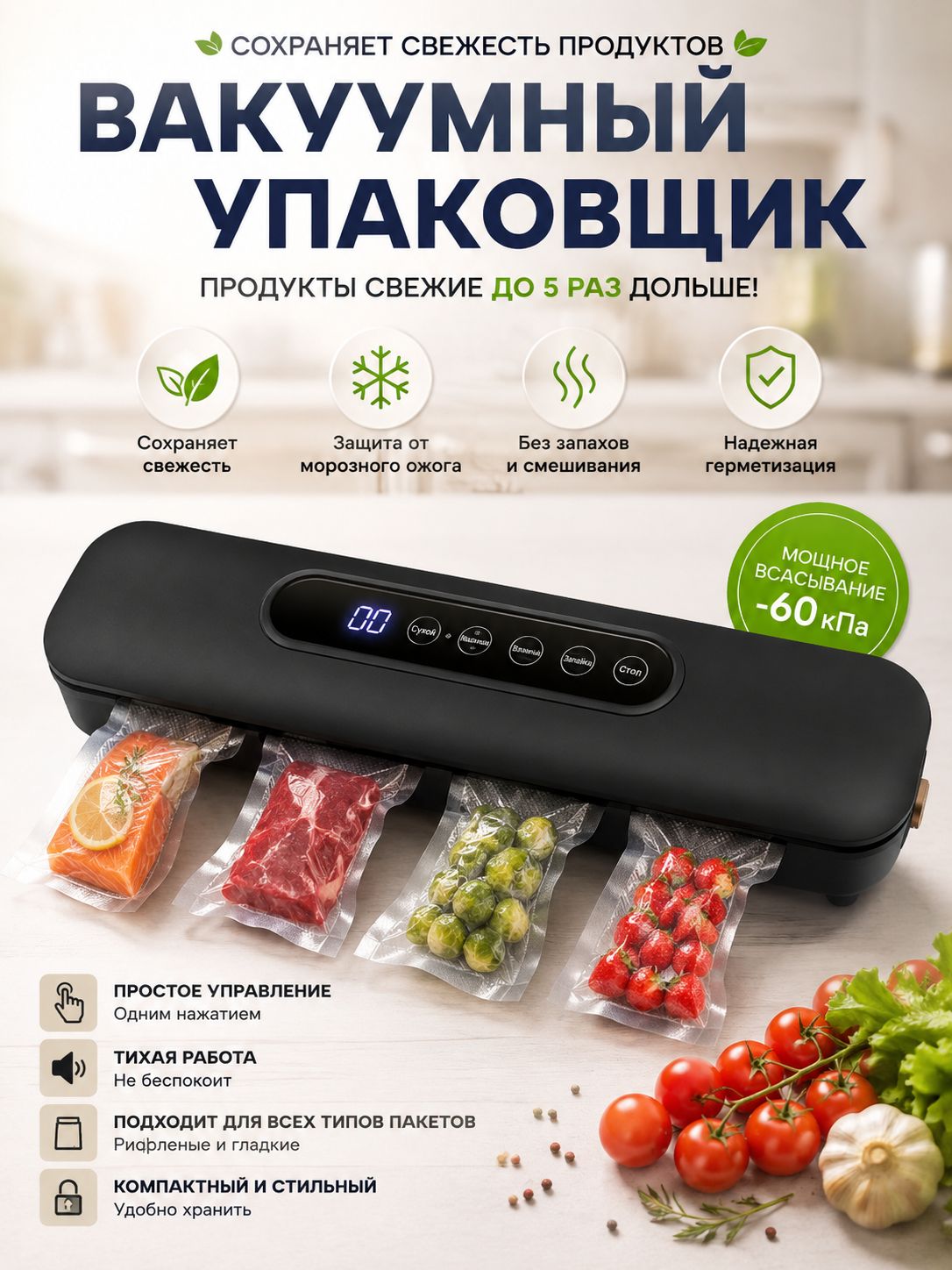 Вакуумная упаковочная машина 6 в 1, 10 вакуумных пакетов