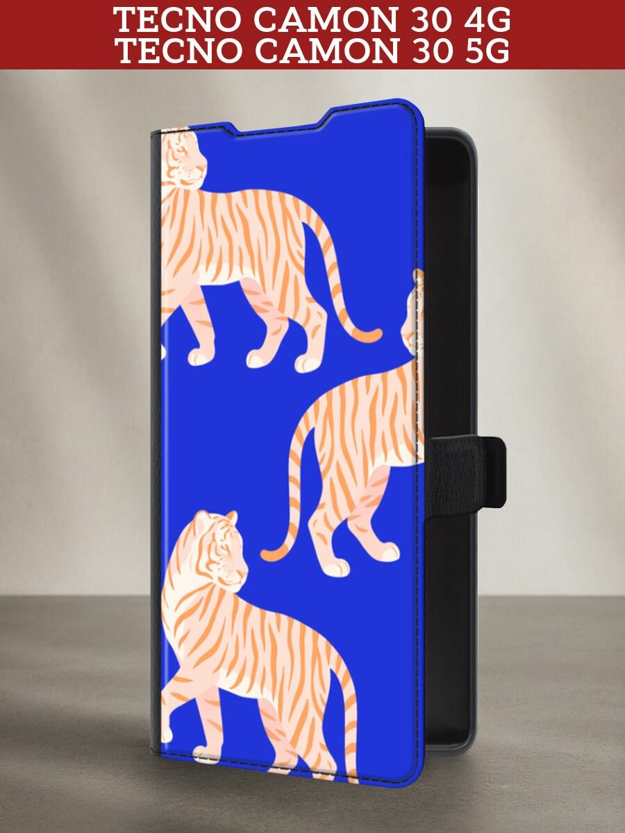 Чехол-книжка на Tecno Camon 30 4G/Tecno Camon 30 5G / Текно Камон 30 4G/Текно Камон 30 5G с принтом Три тигра, черный