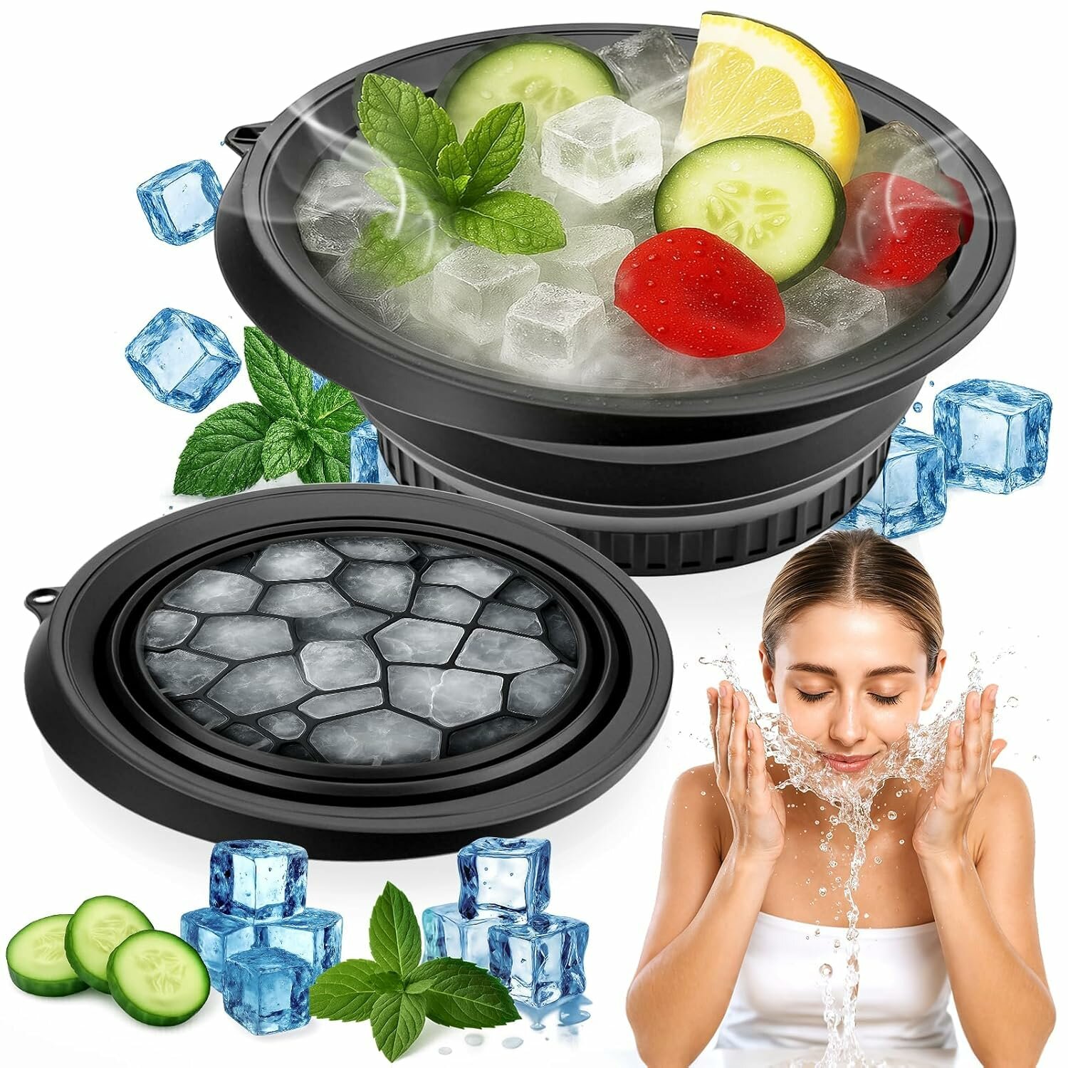 Built-in grid foldable hanging face compress bowl, silicone foldable compress washbasin (black)