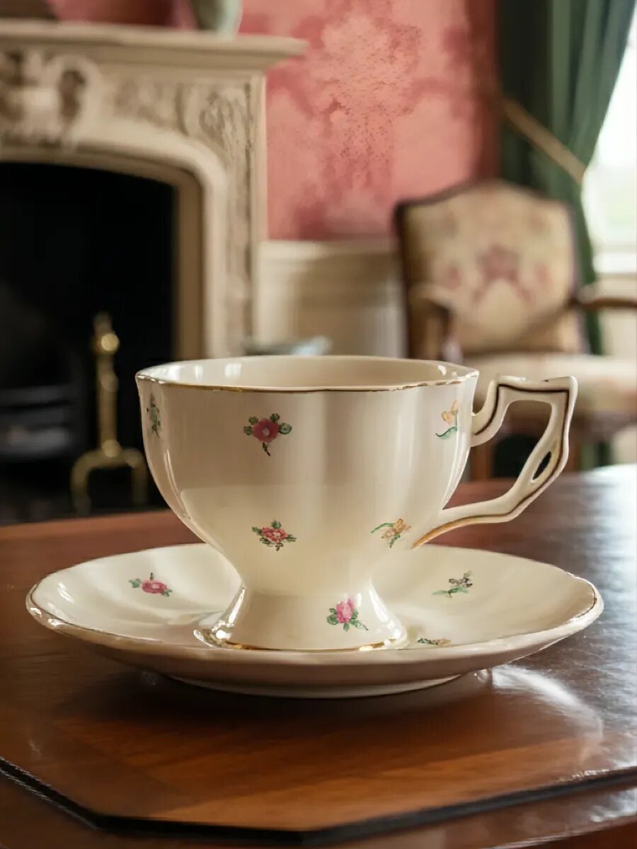 Чайная пара от бренда "Тепло в руках" - "Британские цветы", керамическая, 220мл, декоративное золотое окаймление