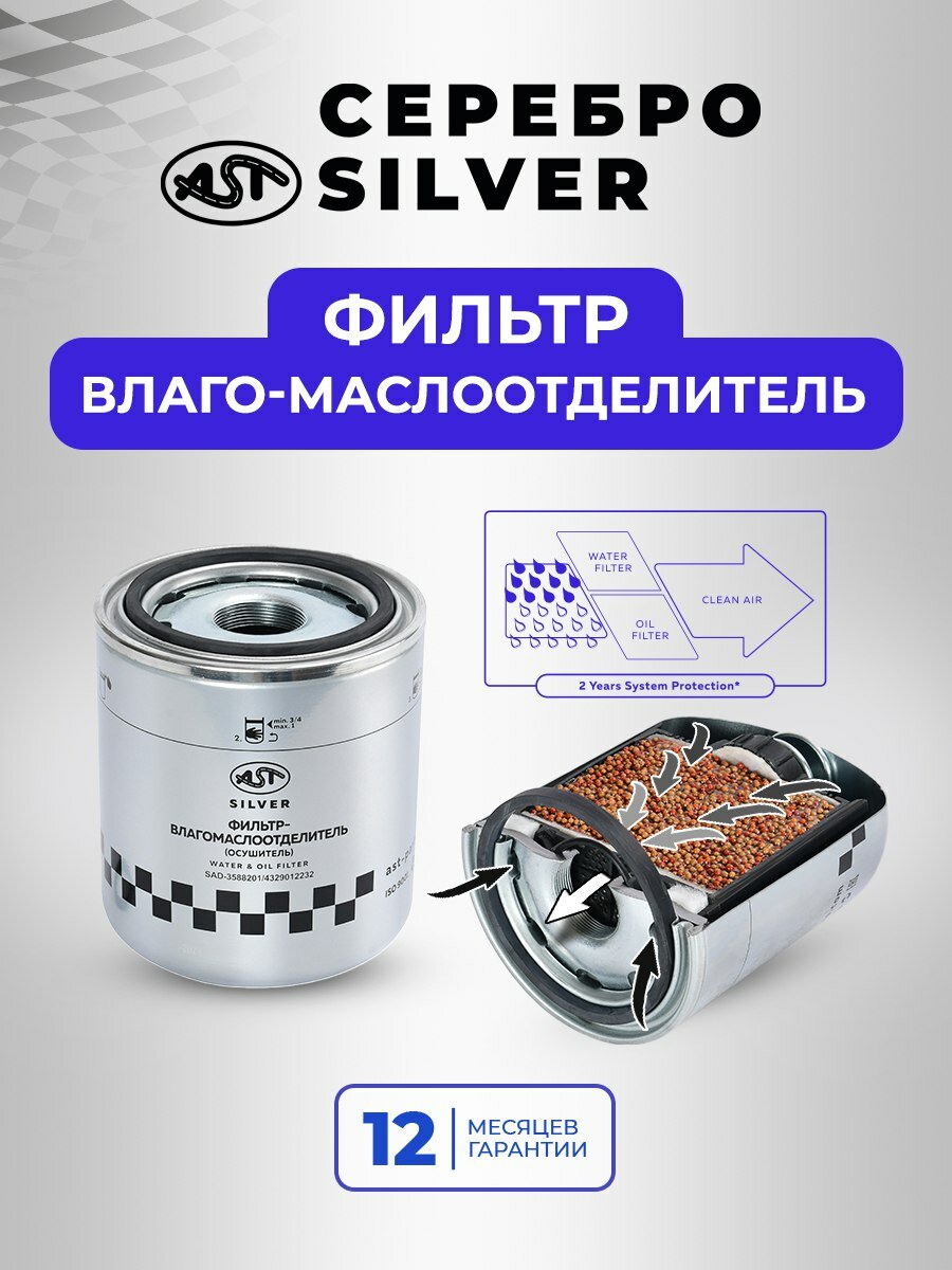 Картридж осушителя воздуха тормозов для МАЗ, Газон некст, Валдай, Урал некст ( Фильтр влаго-маслоотделитель SAD-3588201/4324102227) AST Серебро Silver AST156