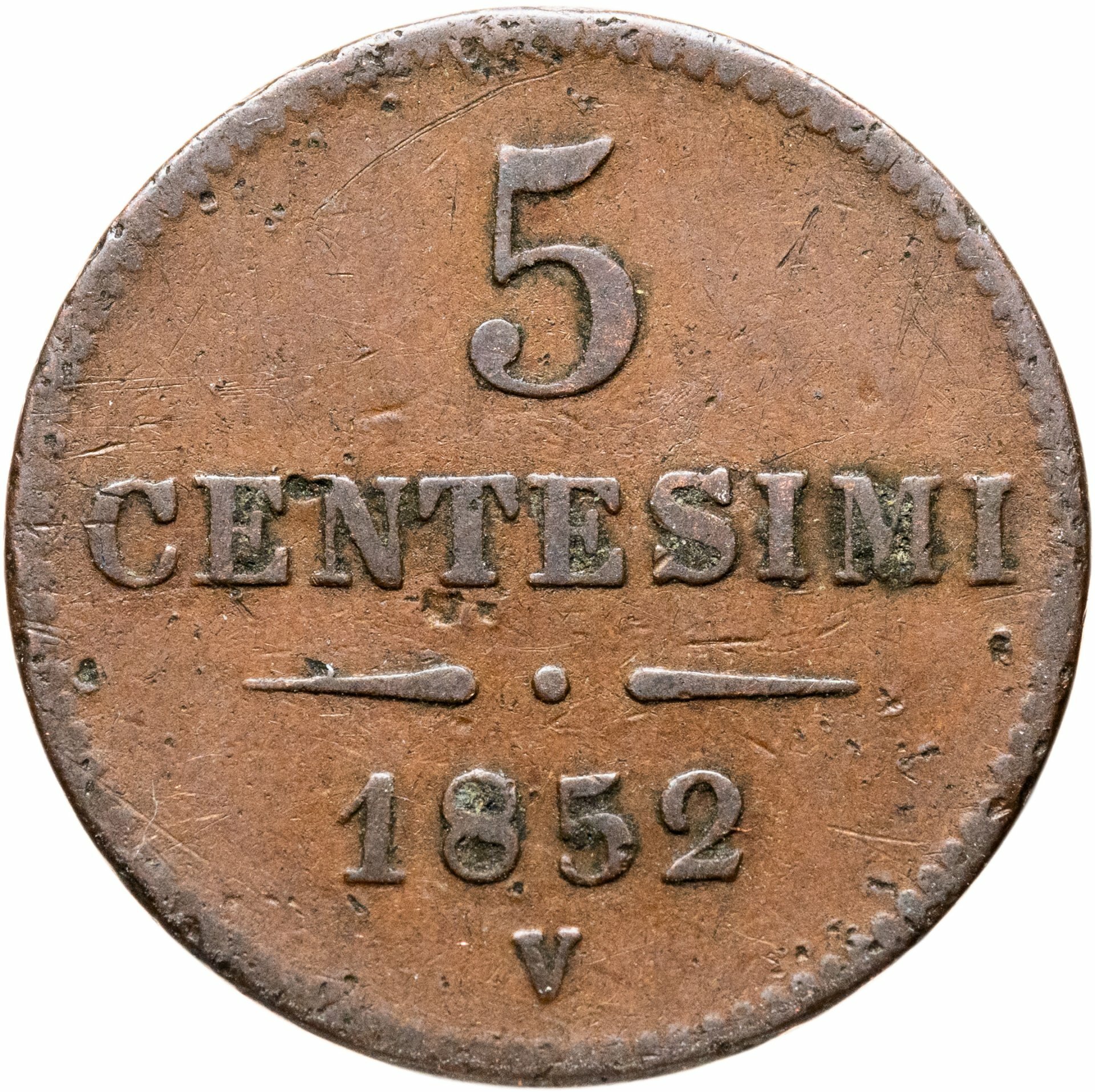 Ломбардия-Венеция 5 чентезимо 1852 V, Медь, в сохранности VF