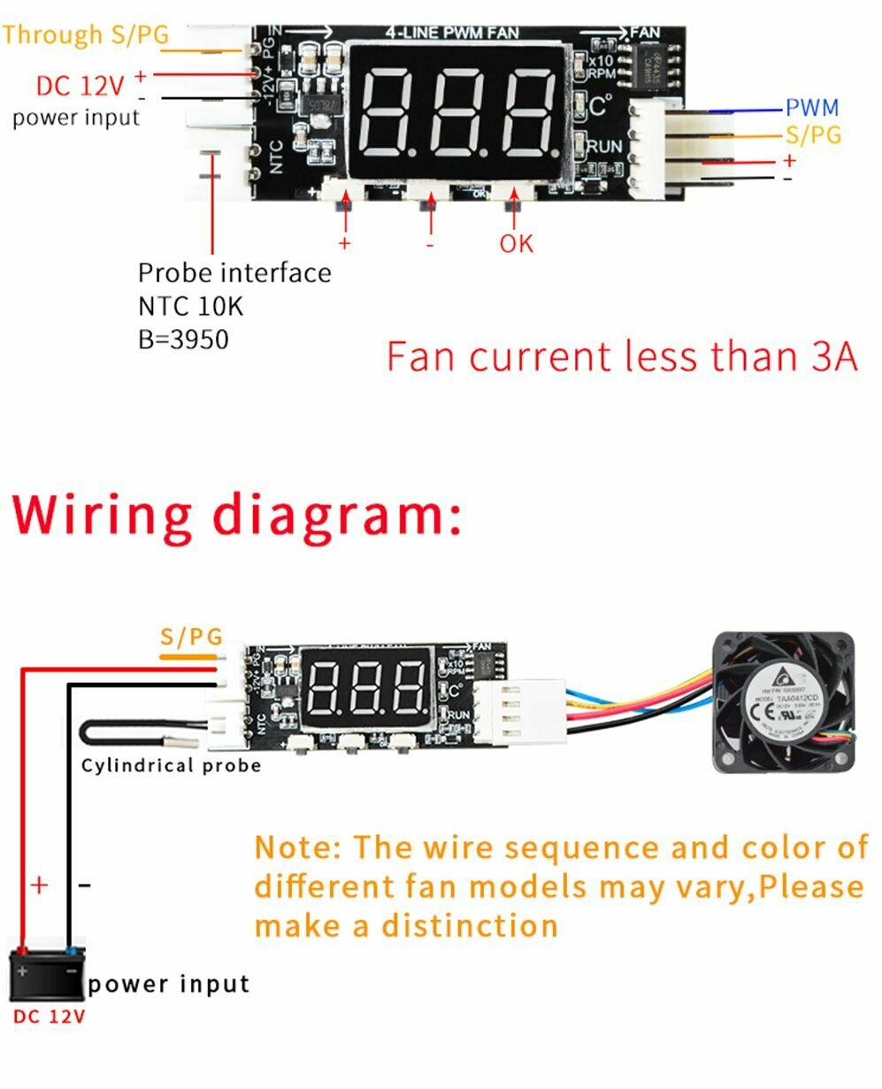 DC 12V 4-проводной ШИМ-регулятор температуры вентилятора, цифровой дисплей температуры и скорости вращения, поддержка включения / выключения вентилятора 3A