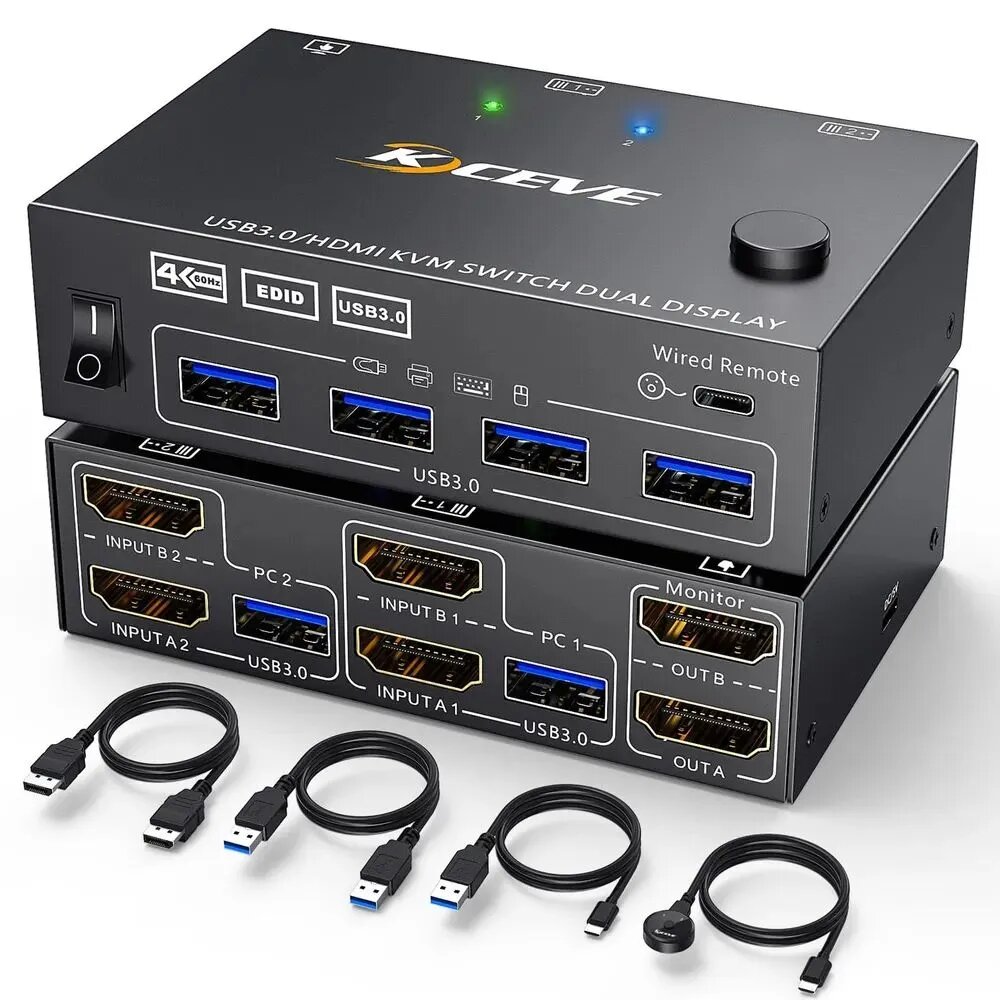 USB 3.0 KVM переключатель для 2 компьютеров и 2 мониторов, поддержка 4K , металлический корпус, проводное управление, идеально для игр и офиса-Blueday