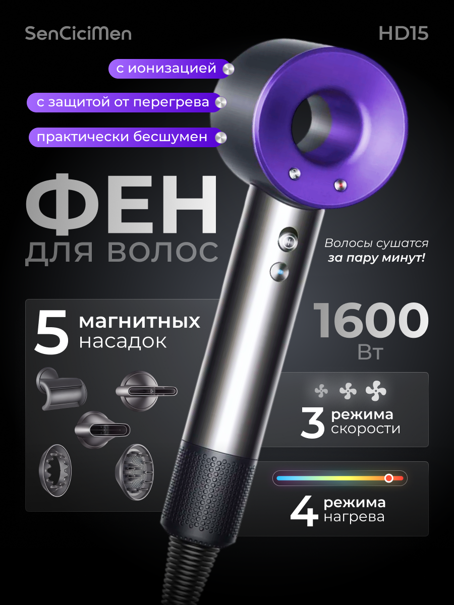 Фен для волос SenCiciMen Super Hair Dryer HD15 Purple