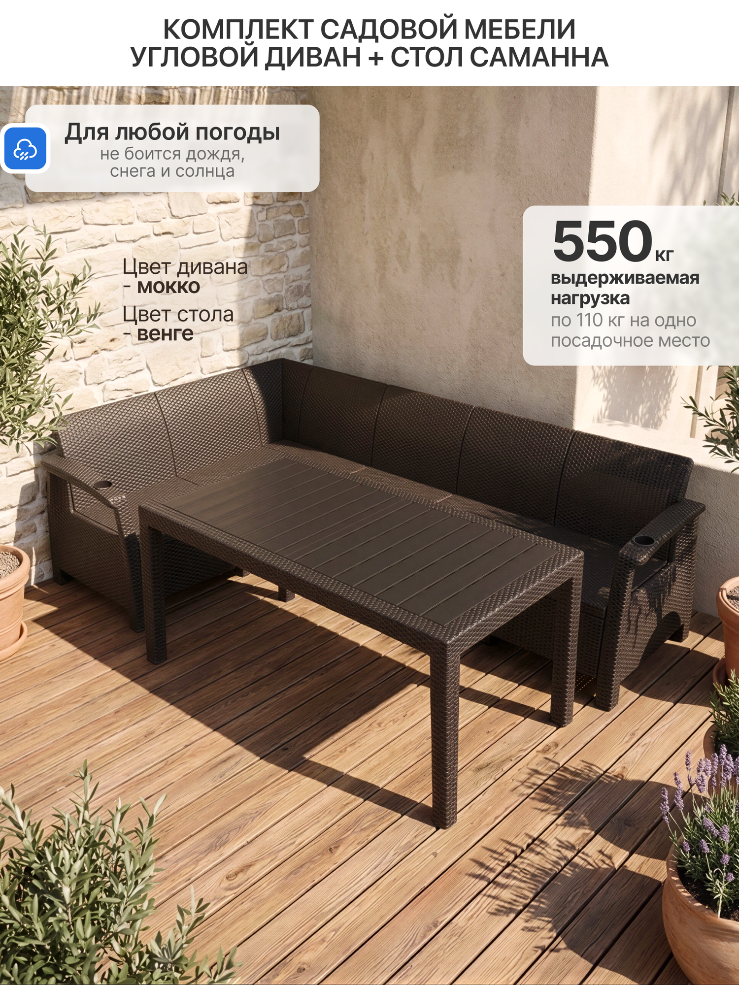 Комплект садовой мебели YALTA CORNER SAMANNA (Ялта Ротанг-плюс) - без подушек (искусственный ротанг, пластик)