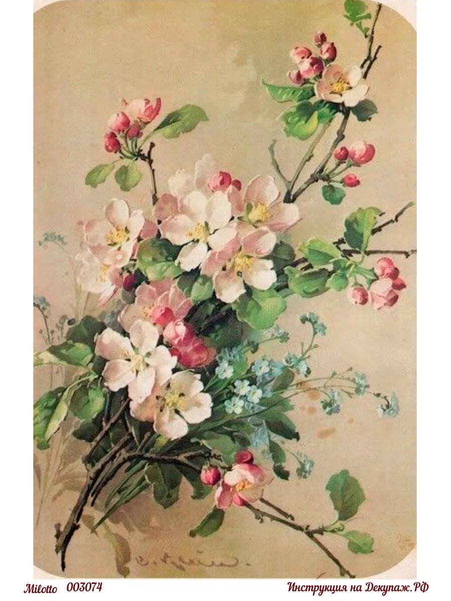 Декупажная карта рисовая бумага А4 ветки с цветами