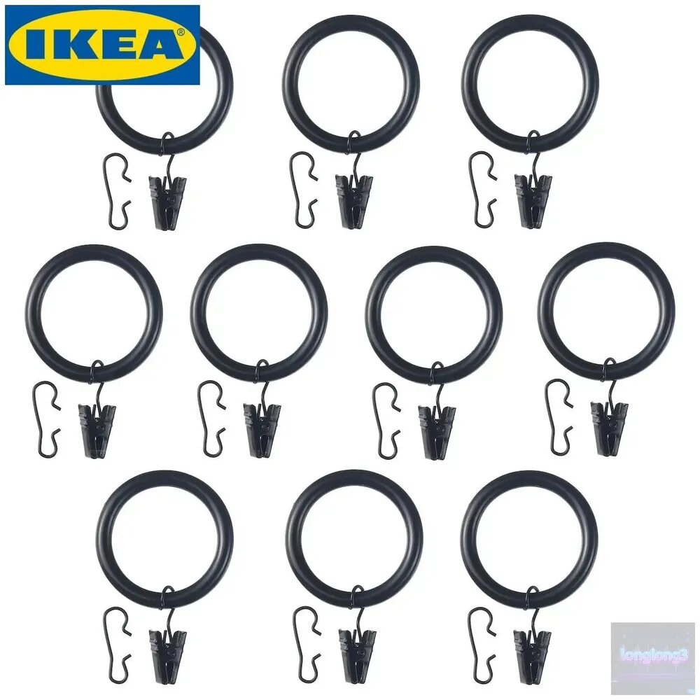 Кольца 10 шт. с зажимом и крючком IKEA SYRLIG сирлиг, 38 мм,10,3.8, черный,3.8