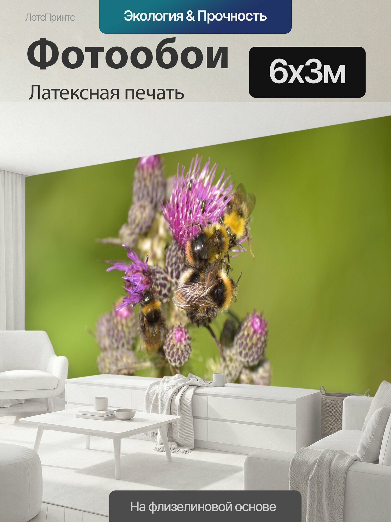 Фотообои моющиеся ударопрочные "Закрывать, дикая пчела, diestel" 600x300 см. латексная печать