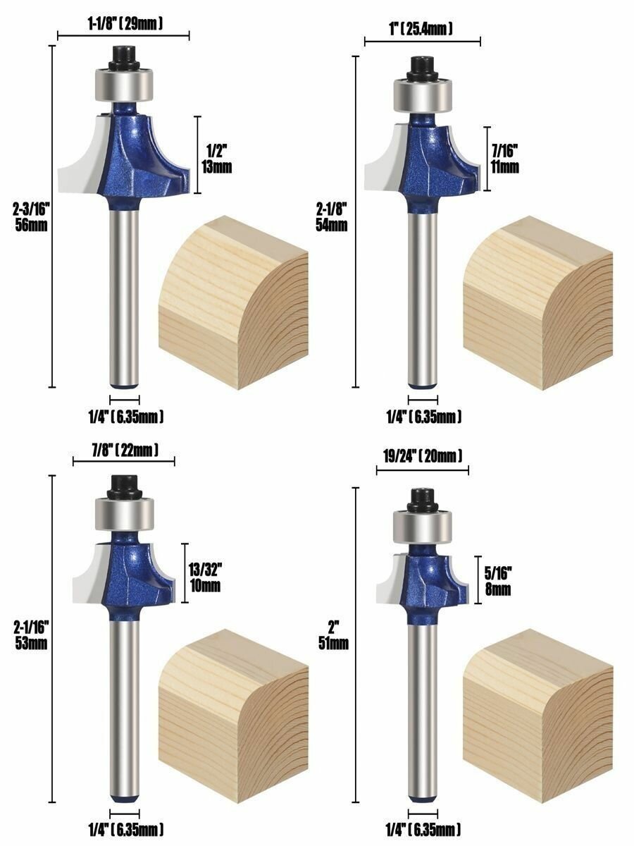 Набор фрез 4 шт. радиусные закругления, карбидные, хвостовик 1/4" (6.35 мм), для скругления кромок дерева: 1/8", 3/16", 1/4", 5/16" радиус