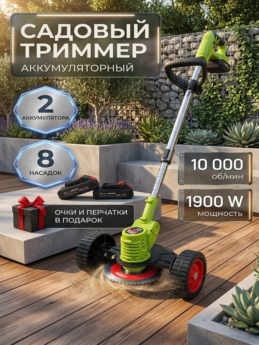 Аккумуляторный триммер садовый мощный с 2 аккумуляторами для газона травы косилка