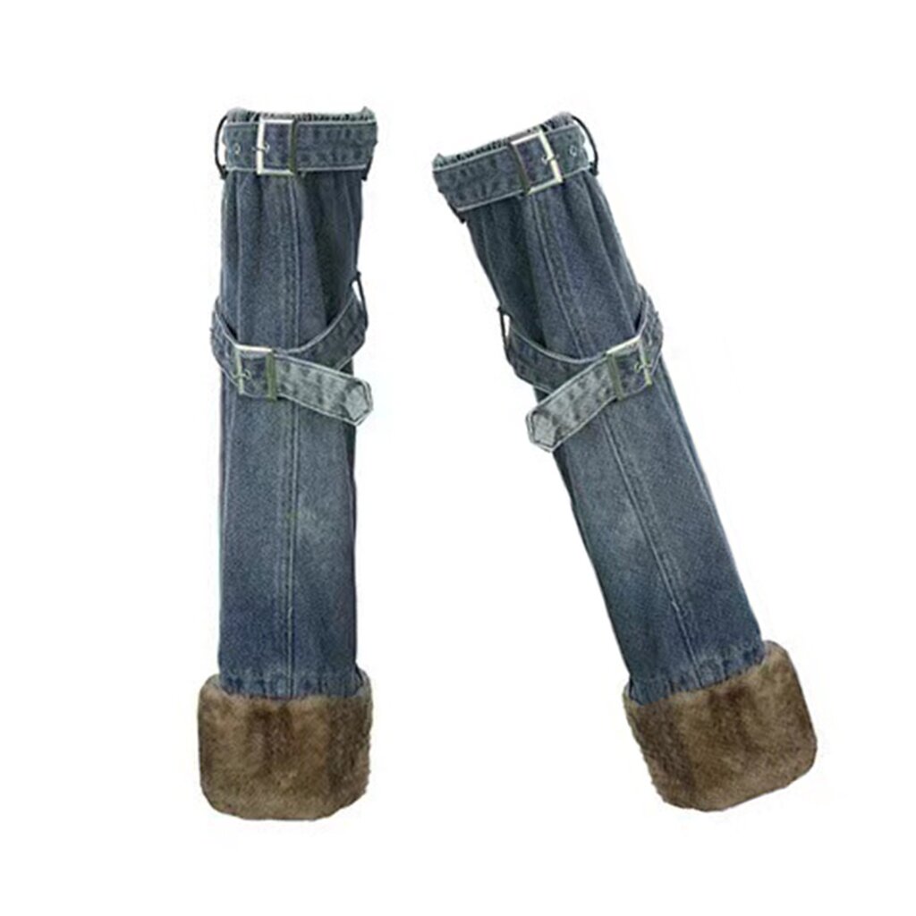 Женские пушистые джинсы с металлическими пряжками и рукавами в стиле Харадзюку, гетры в стиле панк, расклешенные гольфы выше колена