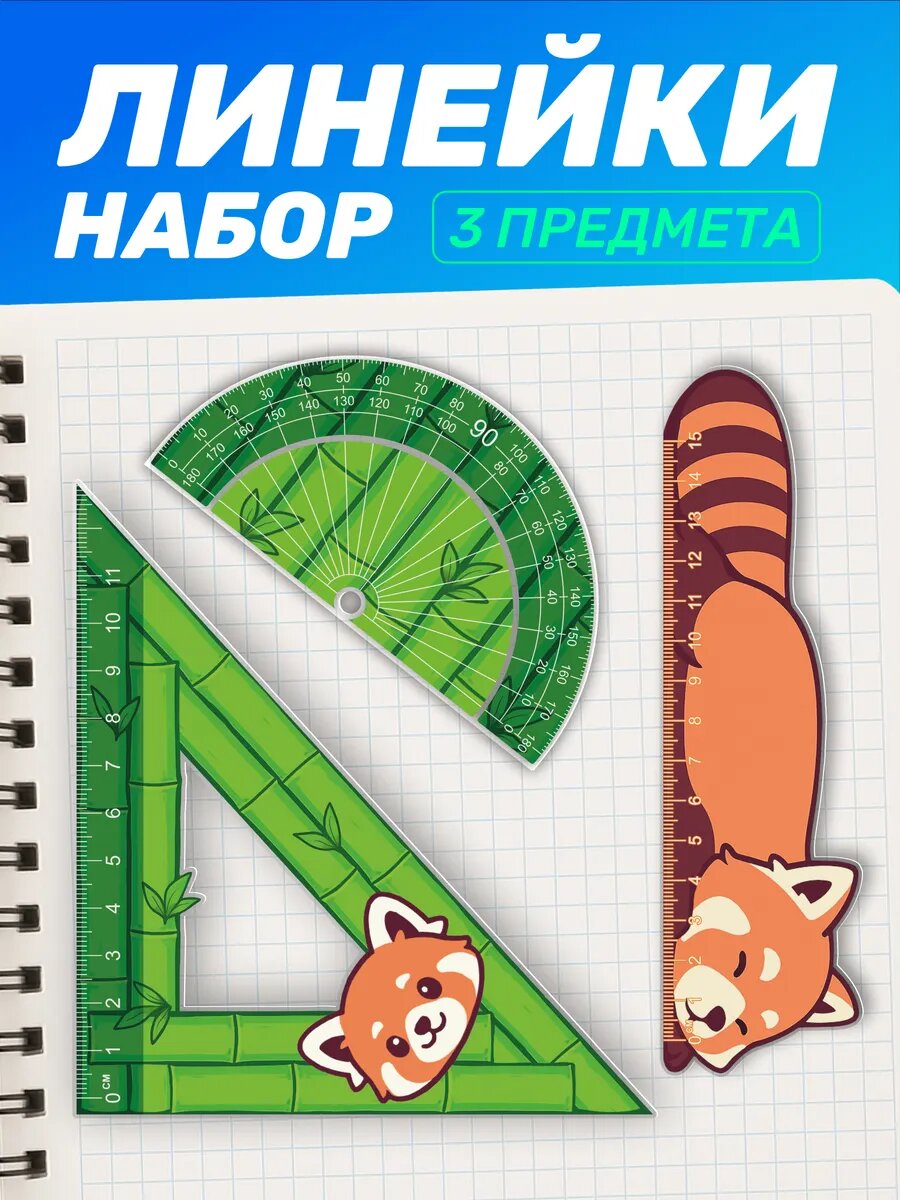 Набор линеек для школьника с транспортиром Красная панда