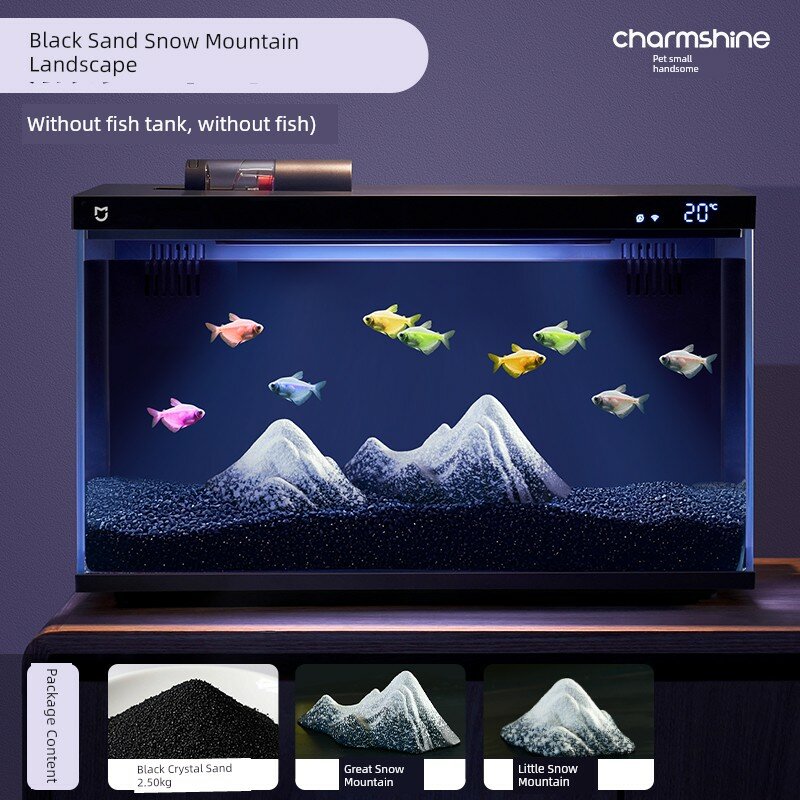 Черный песок с горным пейзажем для спокойного аквариумного декора