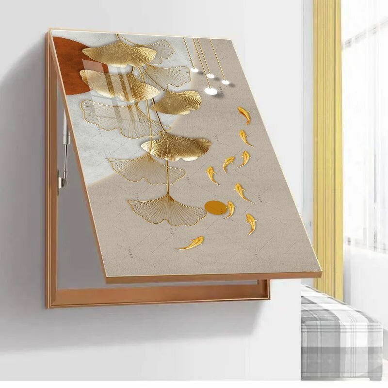 Декоративная картина для электрощита 50x40 см с гидравлической петлей и алюминиевой рамой (Золото/Черный) - Скрывает электрощит 40x30 см, без сверления, водонепроницаемая, для гостиной