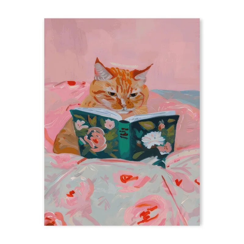 Плакат "Кот читает" розовый, 50x70 см, без рамы, Цвет: 01