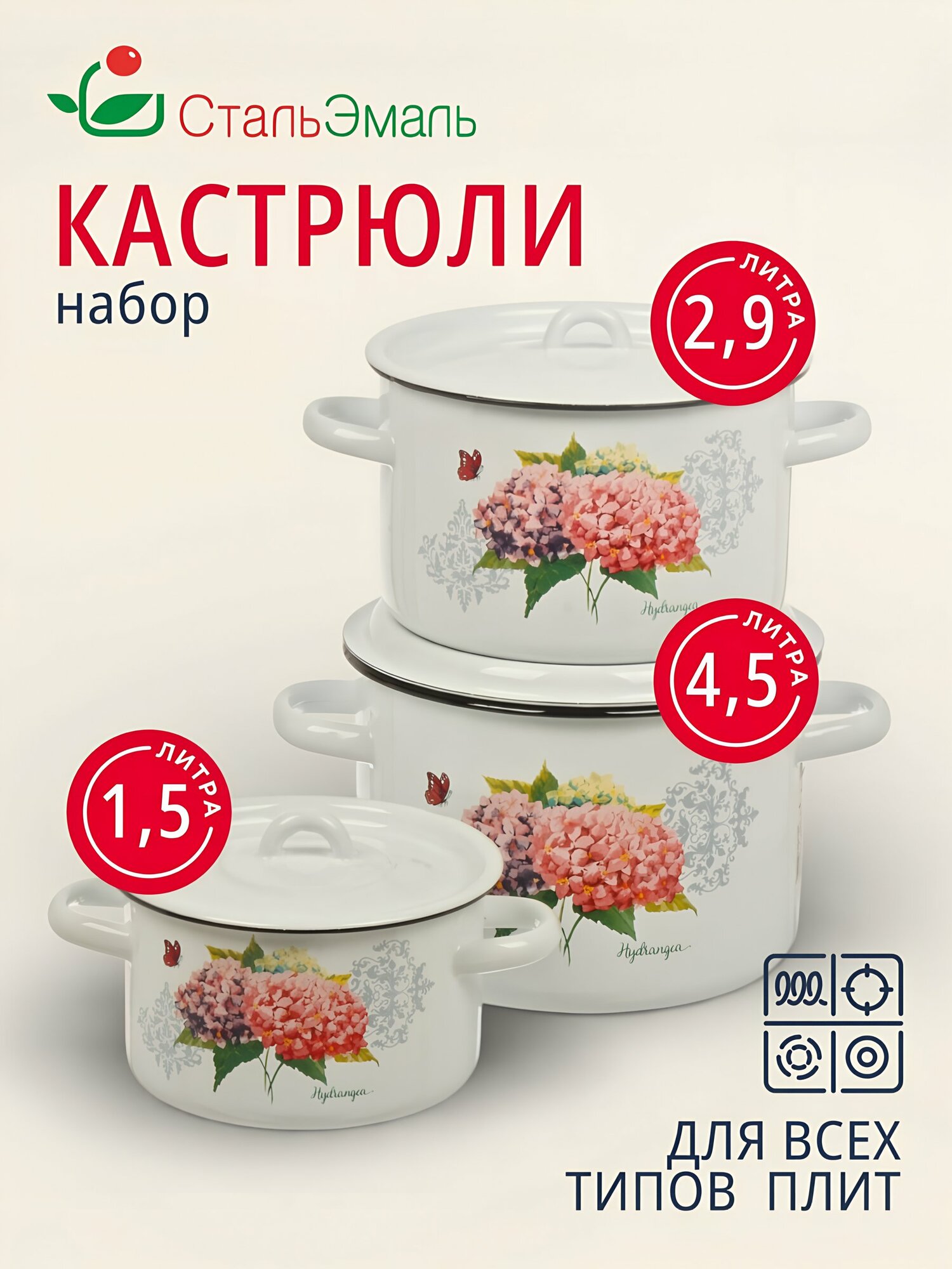 Набор эмалированных кастрюль СтальЭмаль Розовая гортензия 3 предмета: 1.5, 2.9, 4.5 л для индукционных и газовых плит