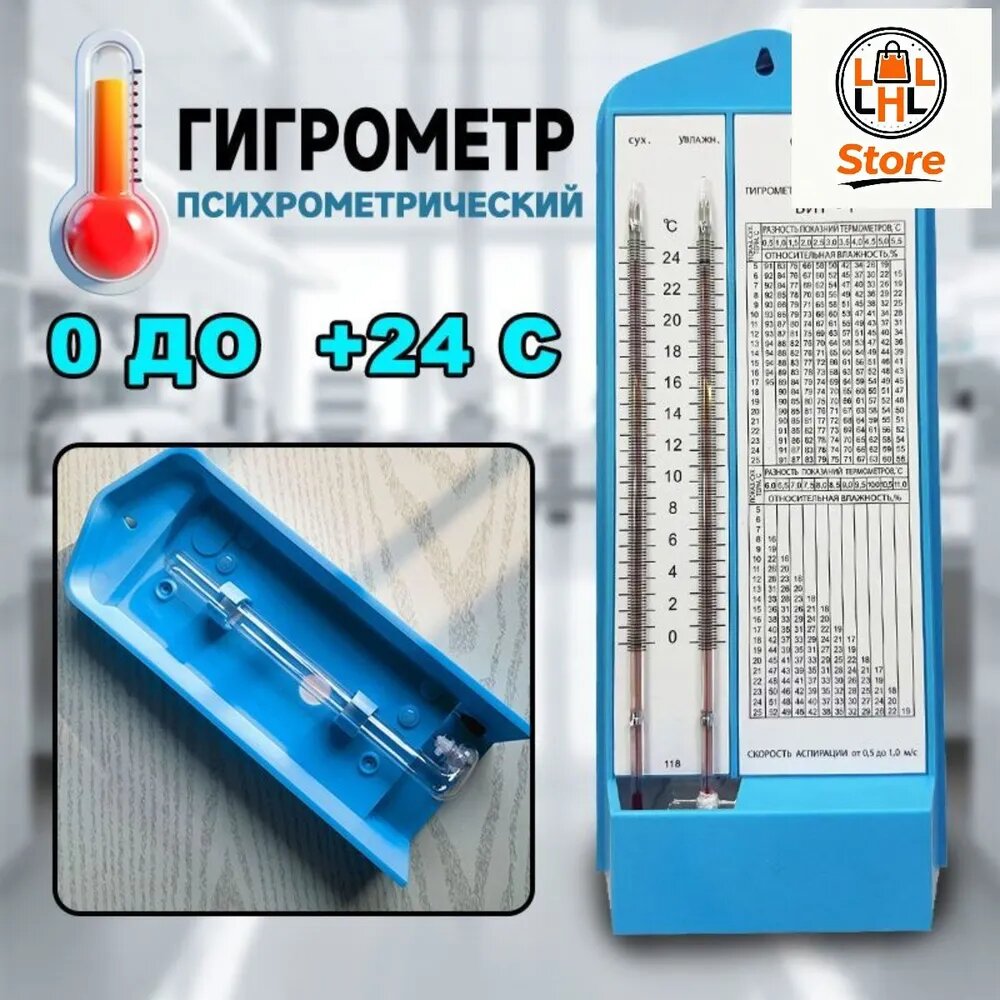 Гигрометр психрометрический для измерения влажности воздуха от 0 до +24 C, пластиковый корпус, синий цвет, размеры 290x120x50 мм