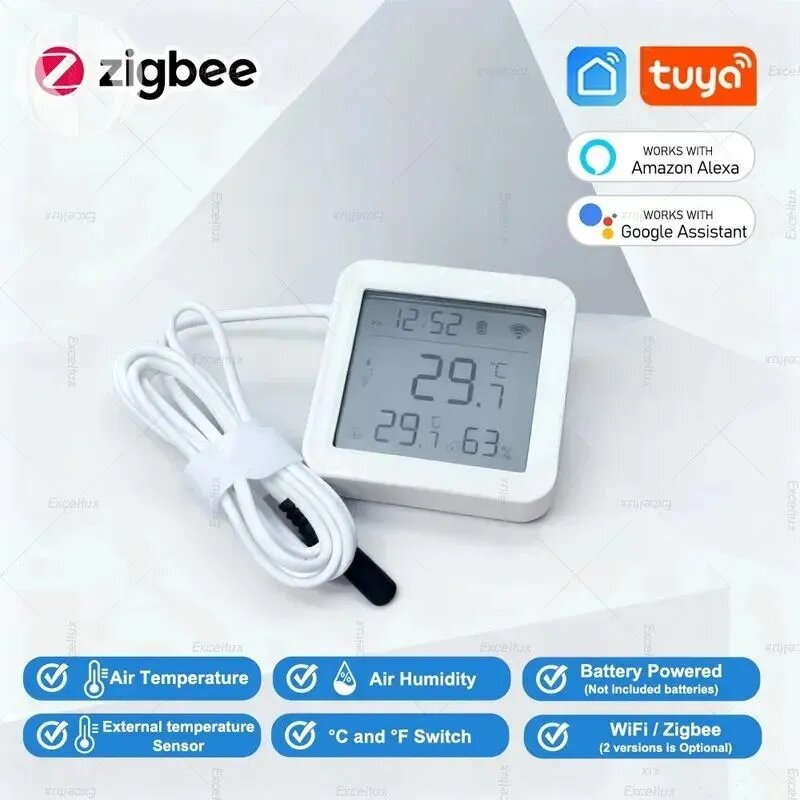 Умный датчик температуры и влажности Zigbee Tuya, с проводным датчиком