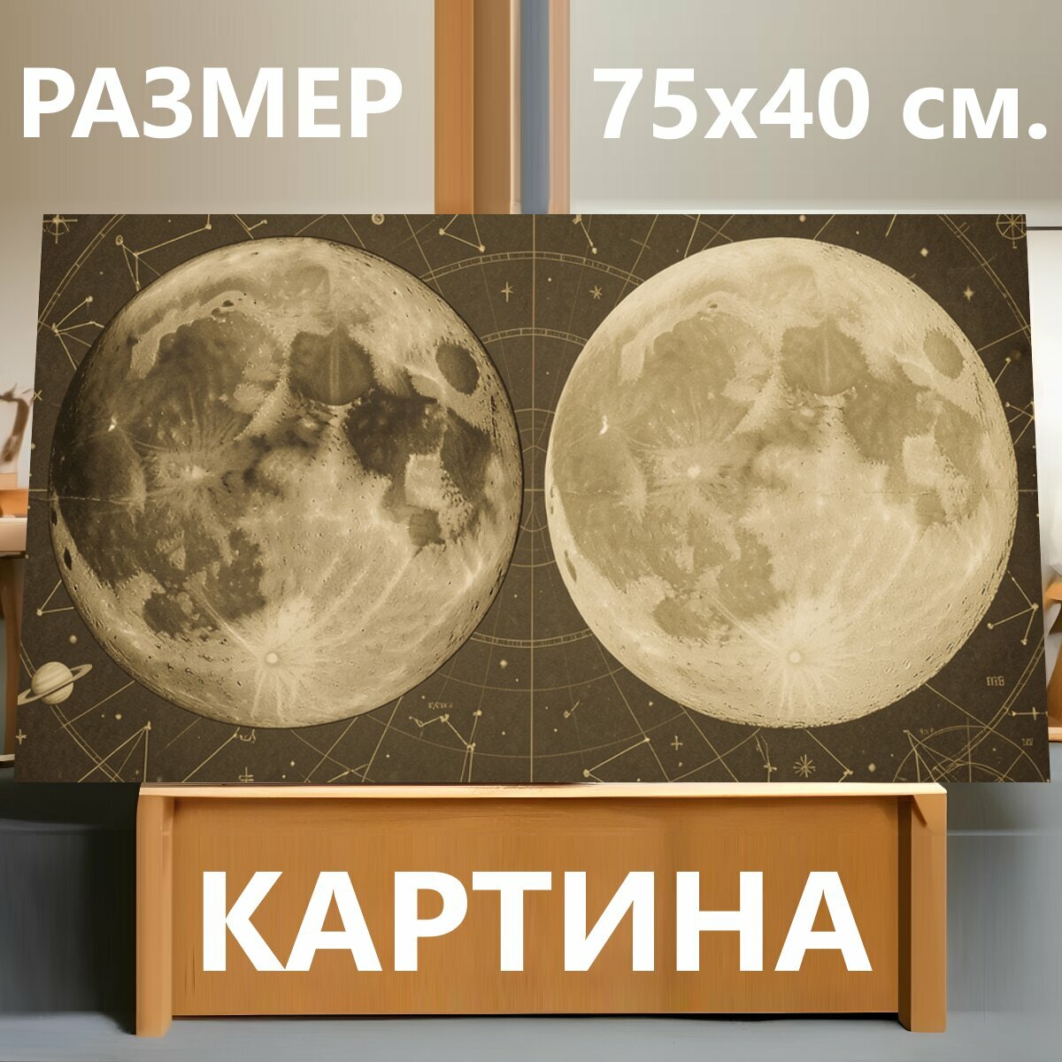 Картина на холсте "Лунная карта звездного неба. Две крупные лунные сферы на фоне астрономической схемы с созвездиями, орбитами и планетами." на подрамнике 75х40 см. для интерьера