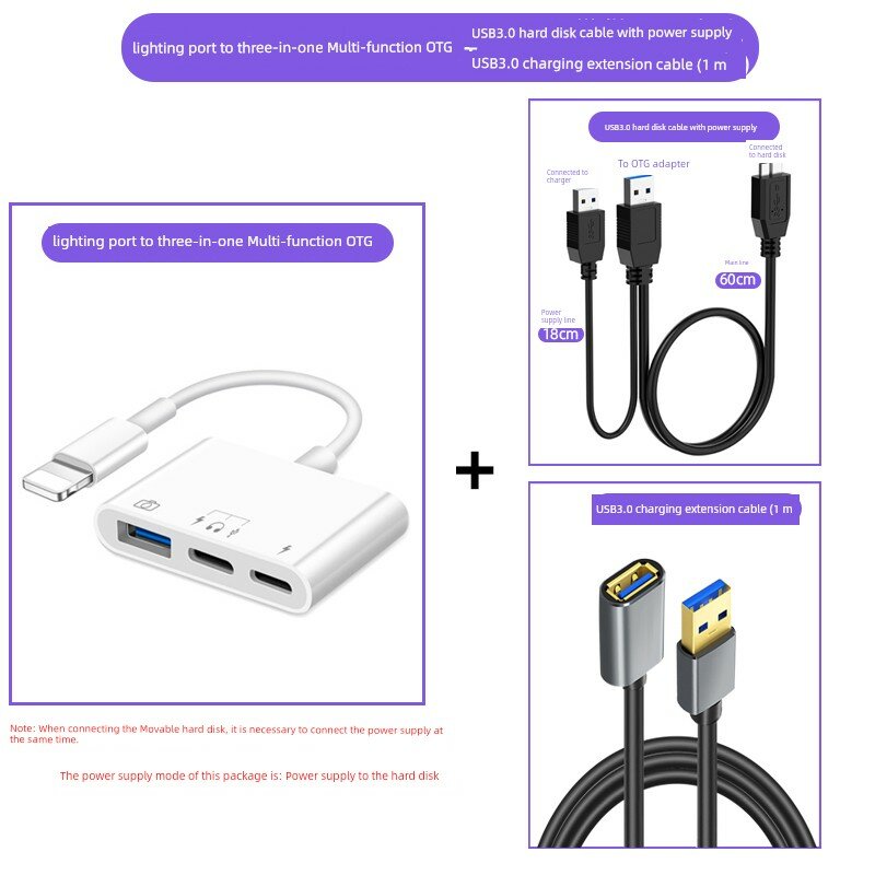 3-в-1 OTG-адаптер для iPhone/iPad с USB 3.0 Y-питанием и 1-метровым кабелем для зарядки