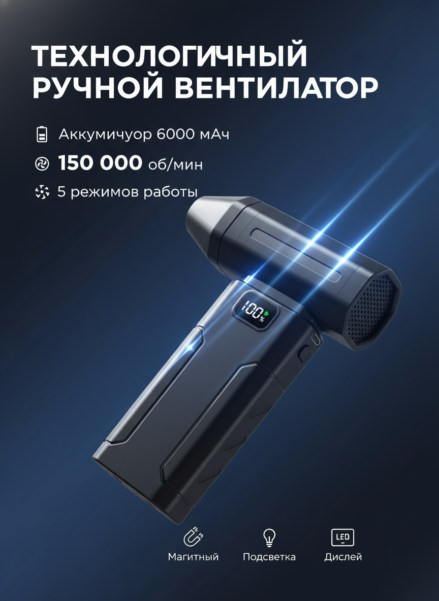 Портативный мощный фен со скоростью вращения 150 000 об/мин для удаления пыли и снега из автомобиля