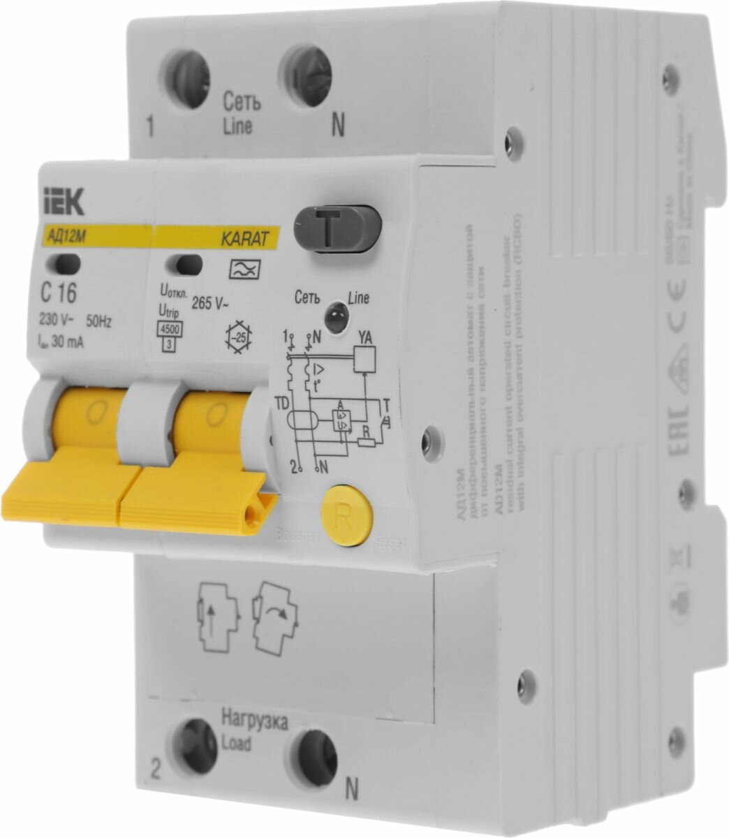 Выключатель автоматический дифференциального тока 2п C 16А 30мА тип A 4.5кА АД-12М KARAT IEK MAD12-2-016-C-030