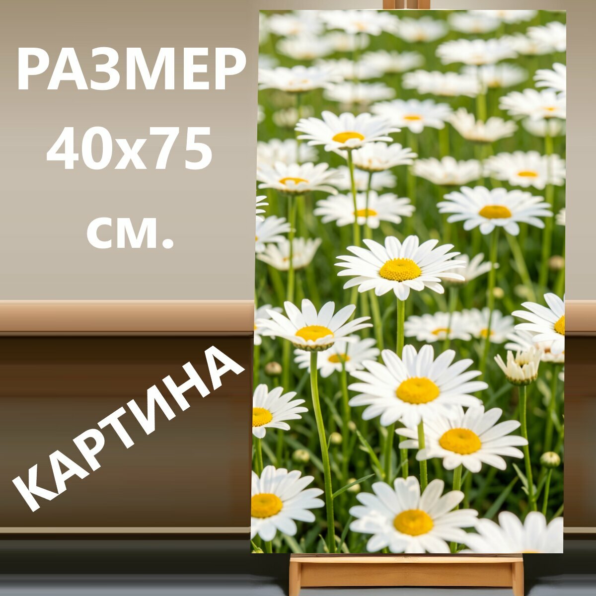 Картина на холсте "Поле ромашек в зелени. Утреннее цветочное поле с белоснежными лепестками и яркими жёлтыми сердцевинами на фоне сочной травы." на подрамнике 75х40 см. для интерьера