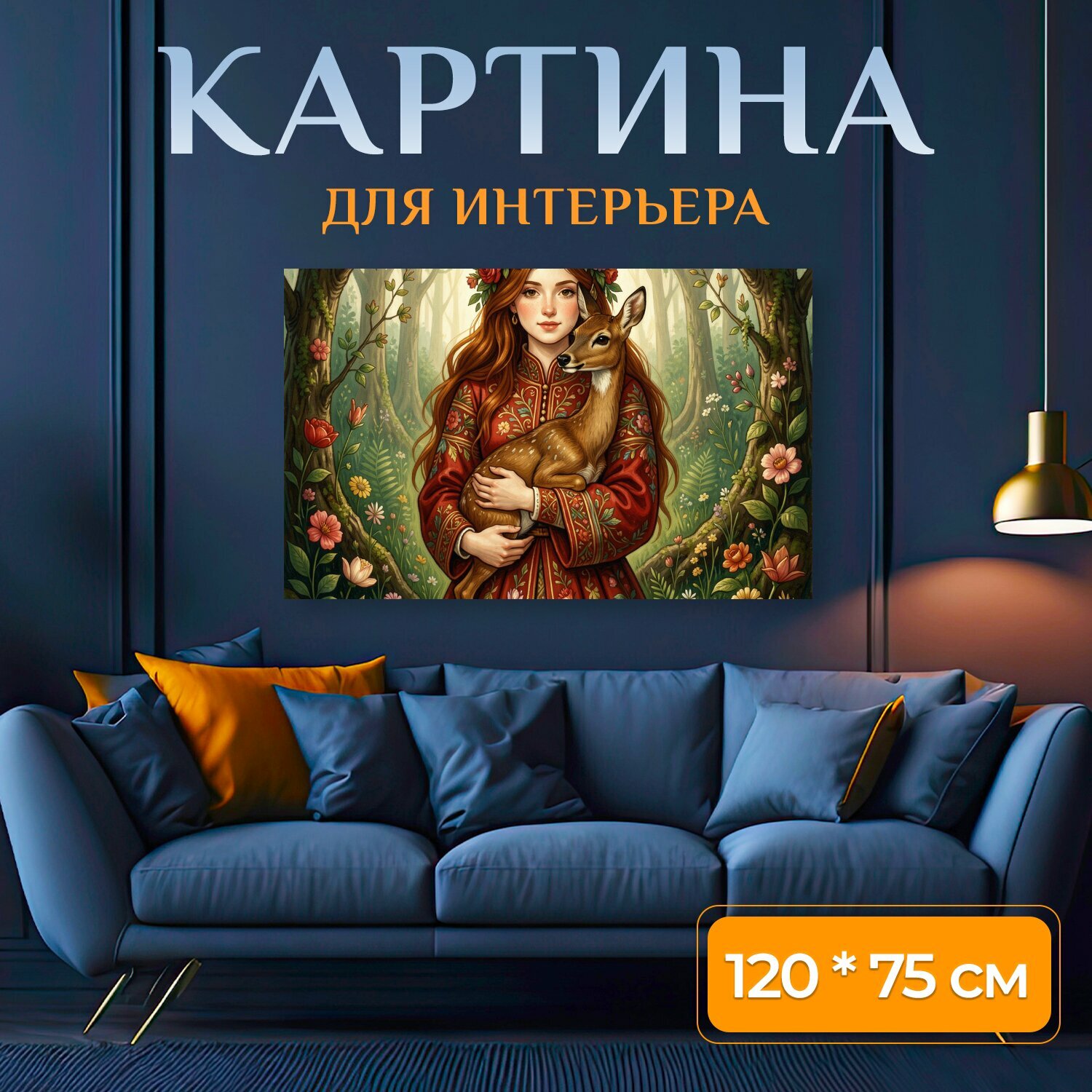 Картина на холсте "Девушка с оленёнком в лесу. Сказочная славянская красавица в красном вышитом наряде с цветочным венком бережно держит." на подрамнике 120х75 см. для интерьера