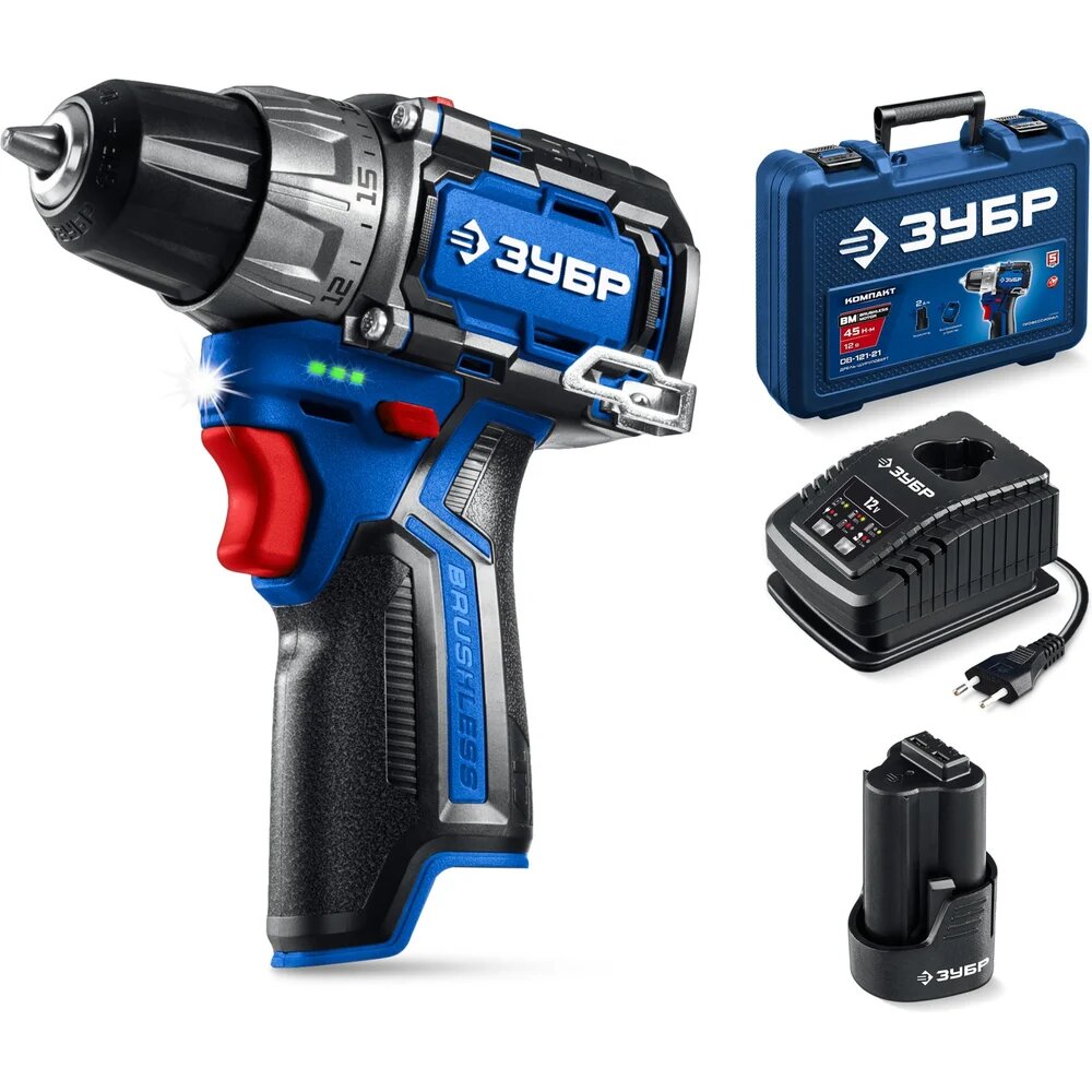 Дрель-шуруповерт ЗУБР Профессионал компакт, 12В, 45Нм, 1 аккумулятор, тип Т7, 2А·ч, кейс DB-121-21
