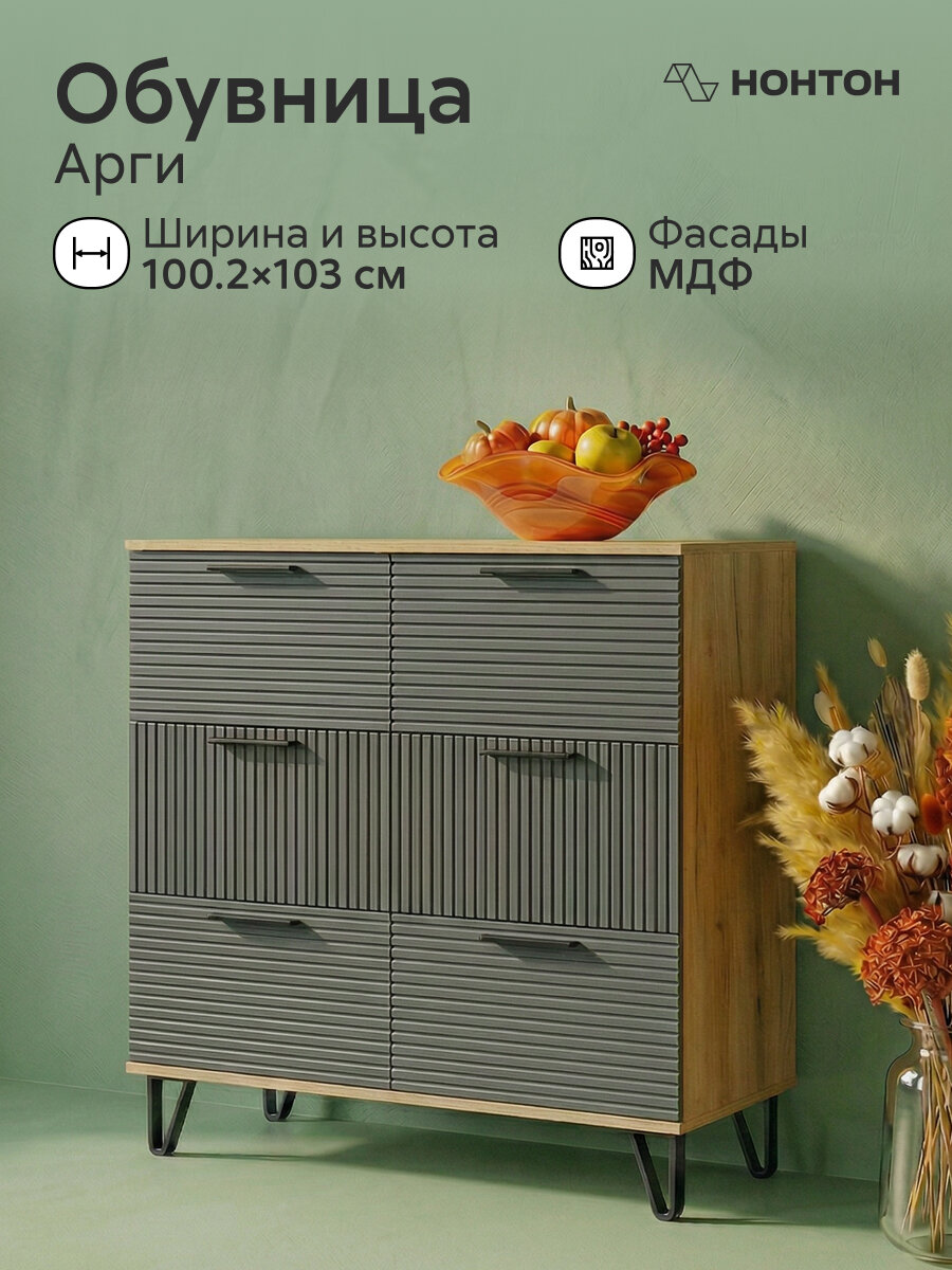 Закрытая обувница Арги, Ш:100.2 * Г:30 * В:103, откидные дверцы (дуб крафт / браш графит)