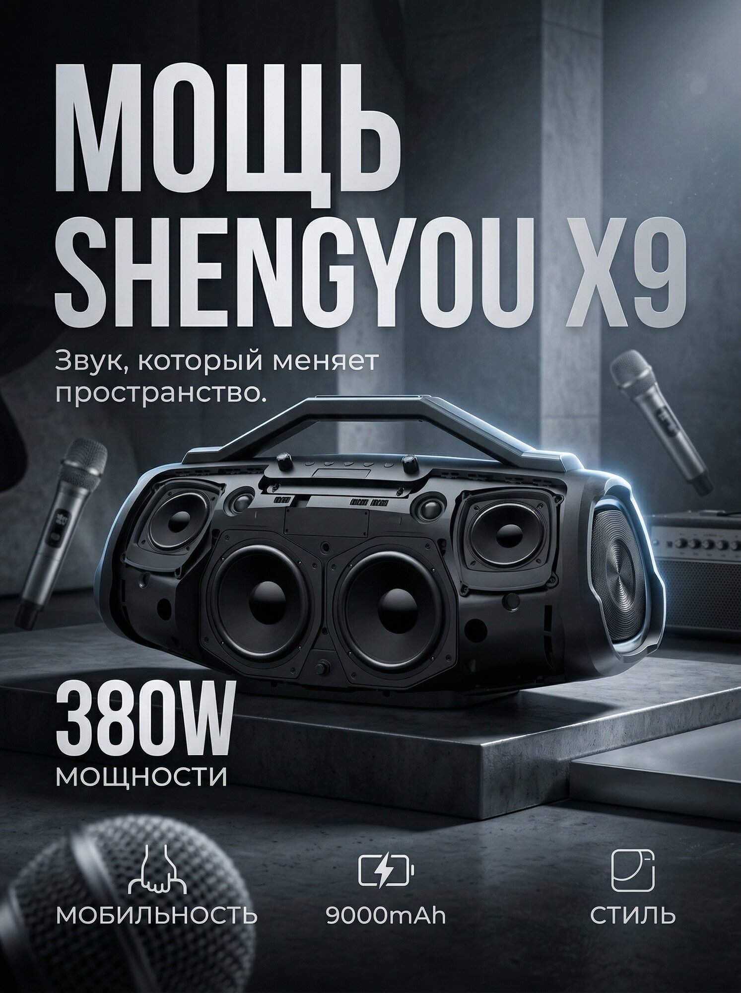 Беспроводная колонка Premium ShengYou X9, бас и высокие частоты, 380Вт RMS, пульт, 2 микрофона