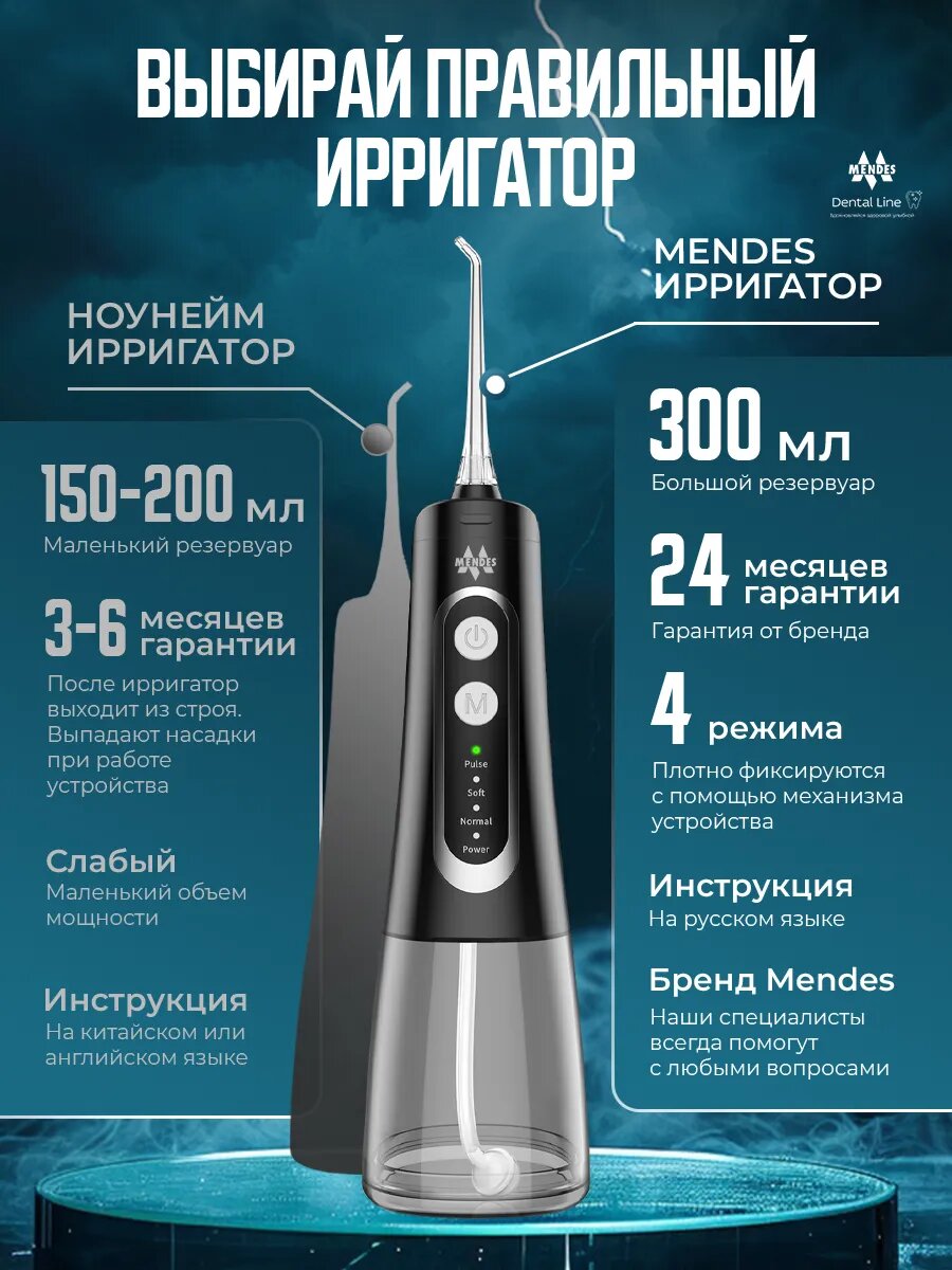 Ирригатор для зубов Mendes DL-010, беспроводной, 5 режимов, 200 мл, чёрный — фото 1