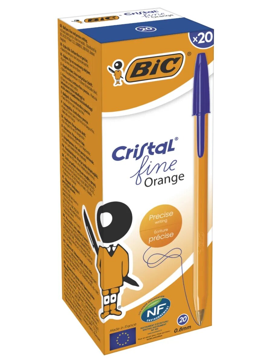 Ручка шариковая синяя письменная Bic Cristal Orange Fine 20шт