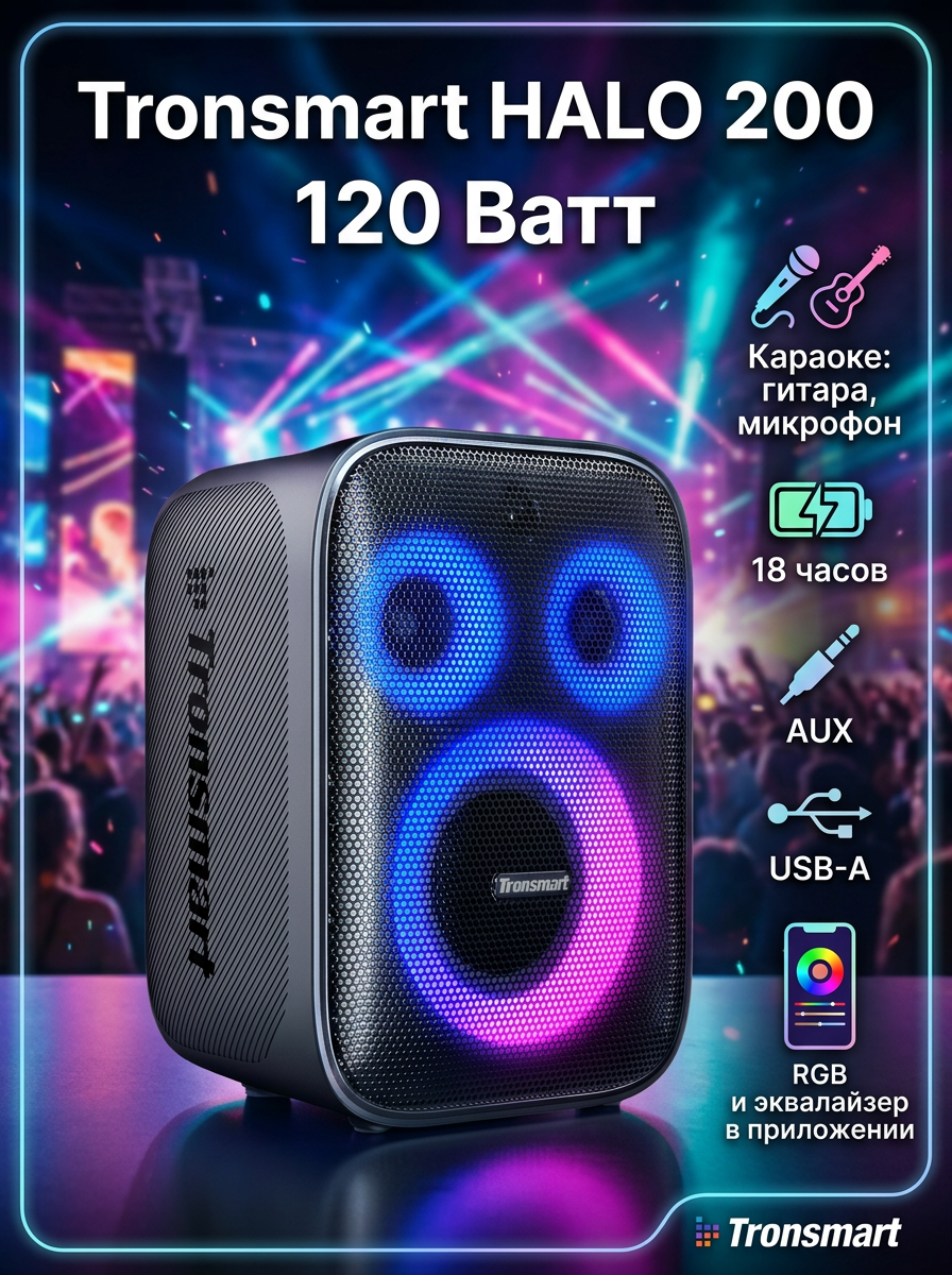 Колонка портативная Tronsmart Halo 200,120 Вт, Караоке, RGB , чистый звук и мощный бас! Без микрофонов, Гарантия 6 мес